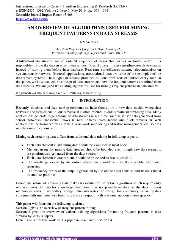 An Overview Of Algorithms Used For Mining Frequent Patterns In Data Streams