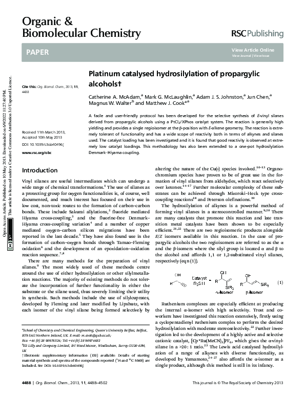 (PDF) Platinum catalysed hydrosilylation of propargylic alcohols