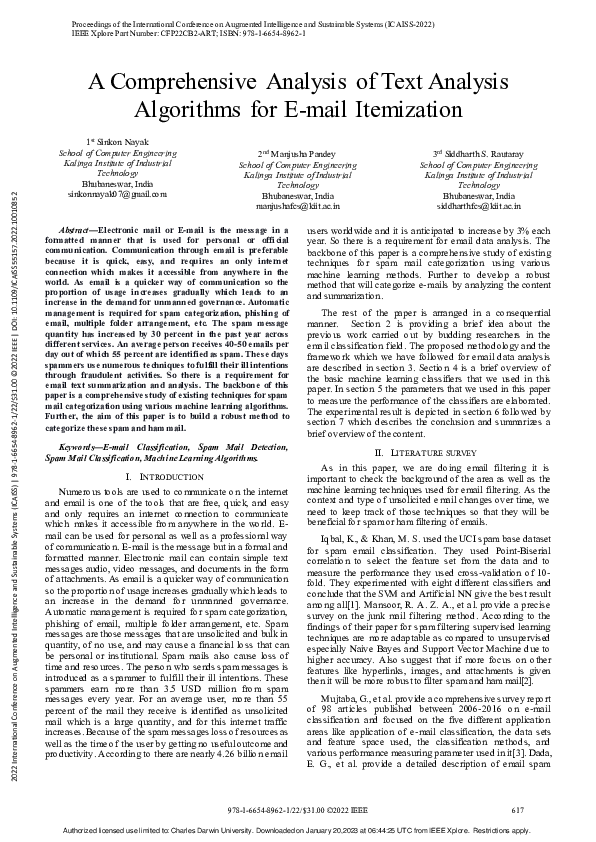 (PDF) A Comprehensive Analysis of Text Analysis Algorithms for E-mail Itemization