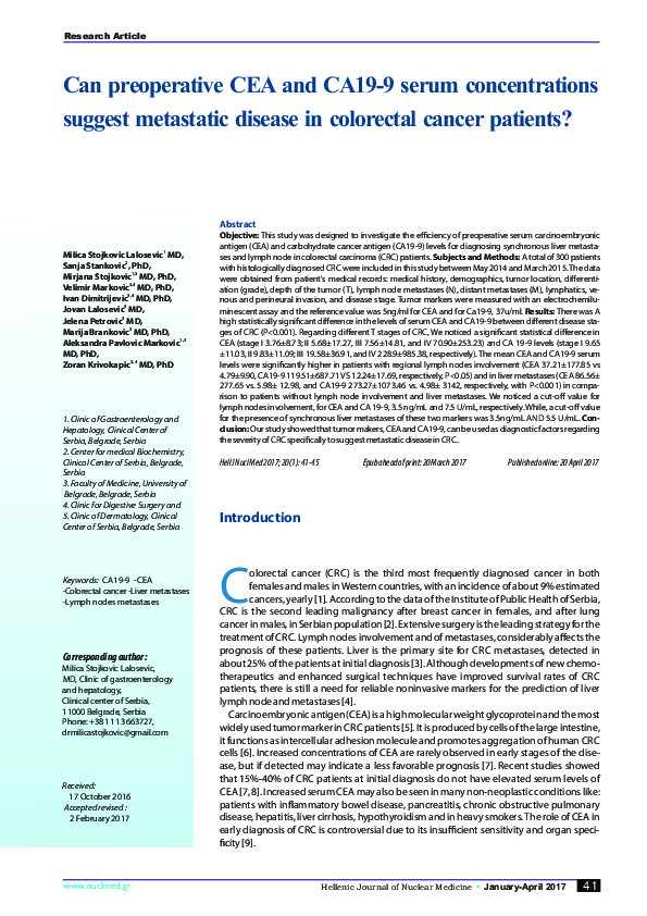 (PDF) Can preoperative CEA and CA19-9 serum concentrations suggest metastatic disease in ...