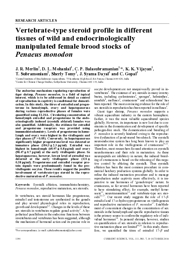 (PDF) Vertebrate-Type Steroid Profile in Different Tissues of Wild and ...