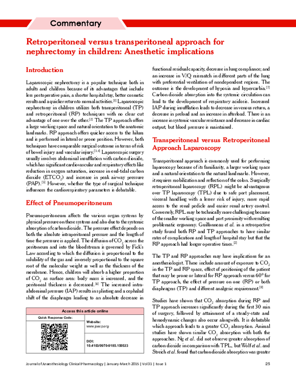 (PDF) Retroperitoneal versus transperitoneal approach for nephrectomy in children: Anesthetic ...
