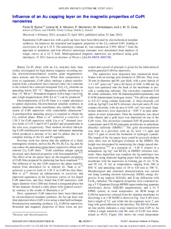 (PDF) Influence of an Au capping layer on the magnetic properties of CoPt nanowires | Plamen ...