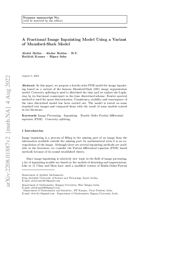 (PDF) A Fractional Image Inpainting Model Using a Variant of Mumford-Shah Model