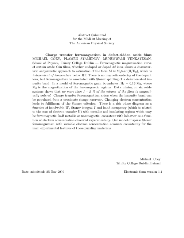 (PDF) Charge transfer ferromagnetism in defect-ridden oxide films