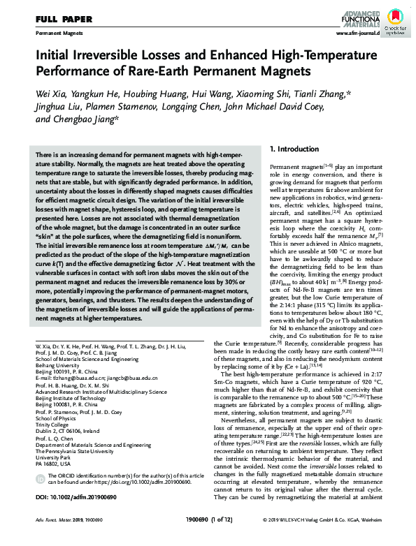 (PDF) Initial Irreversible Losses and Enhanced High‐Temperature ...