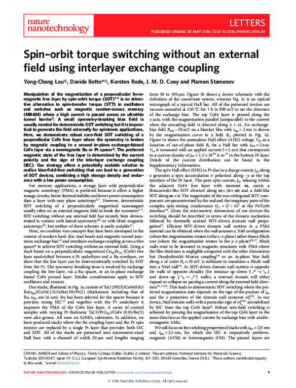 (PDF) Spin–orbit torque switching without an external field using interlayer exchange coupling
