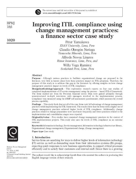 (PDF) Improving ITIL compliance using change management practices: a finance sector case study