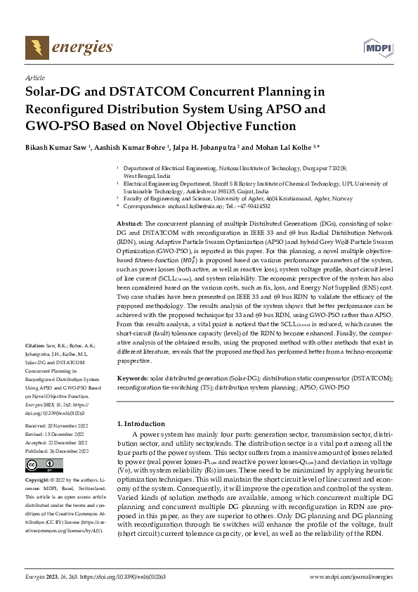 Pdf Solar Dg And Dstatcom Concurrent Planning In Reconfigured Distribution System Using Apso