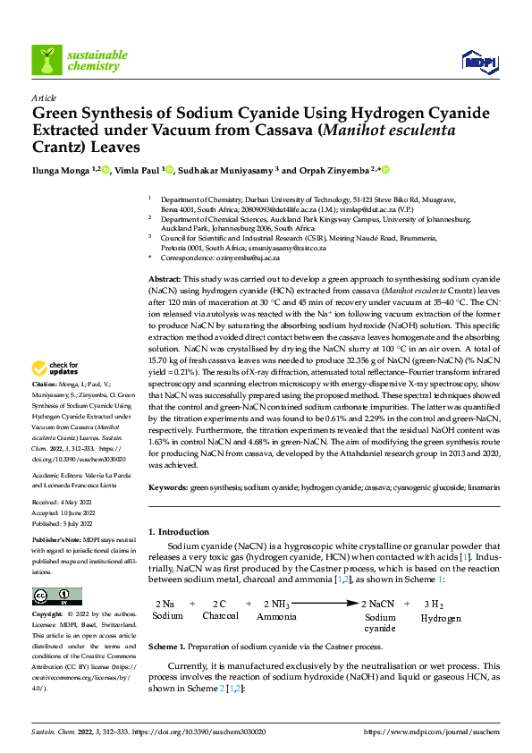 (PDF) Green Synthesis of Sodium Cyanide Using Hydrogen Cyanide ...