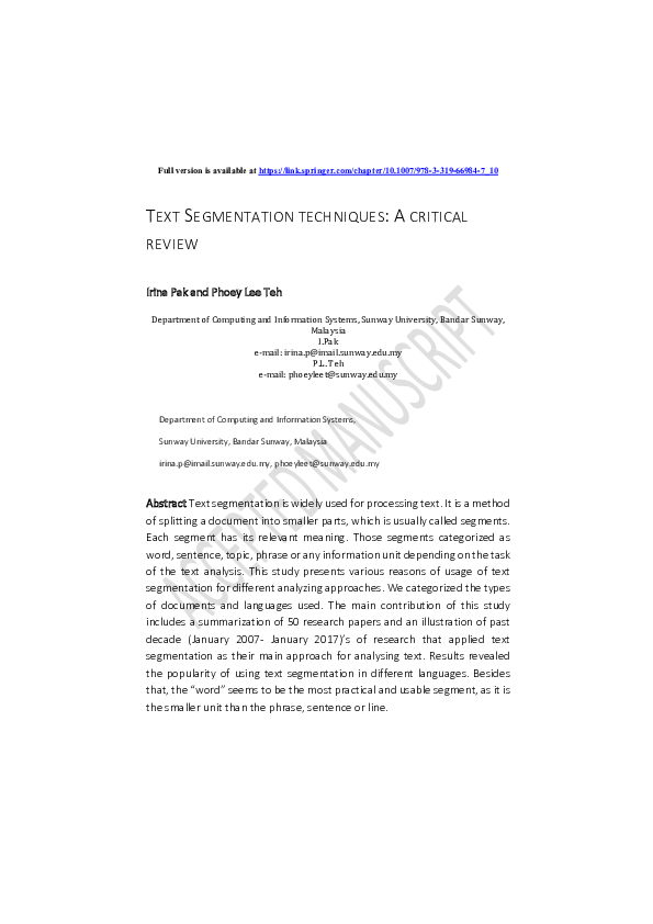(PDF) Text Segmentation Techniques: A Critical Review