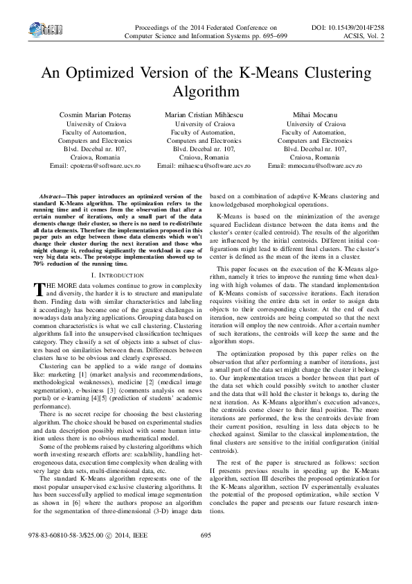 Pdf An Optimized Version Of The K Means Clustering Algorithm