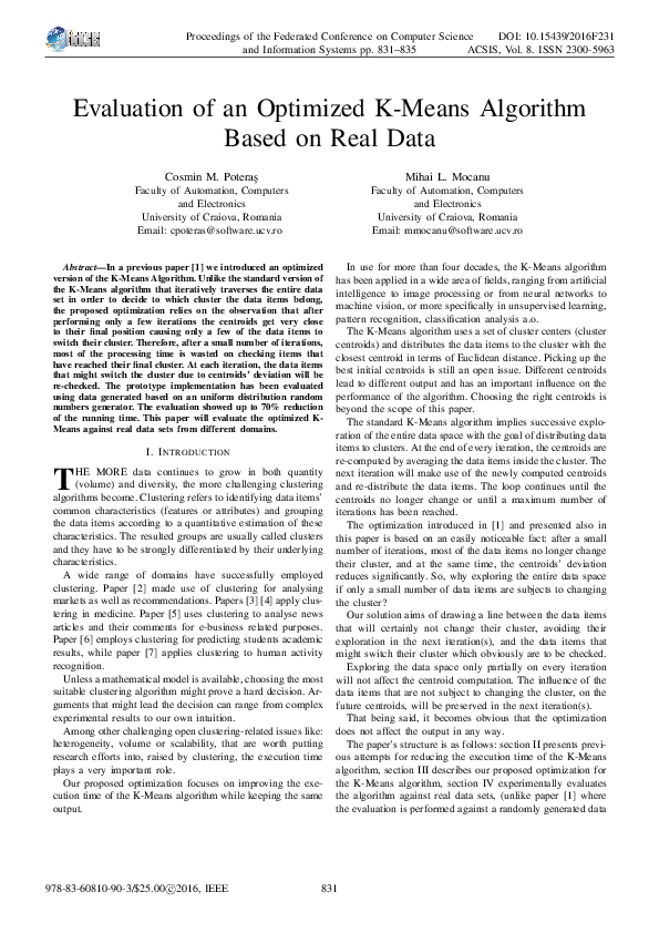 (PDF) Evaluation of an Optimized K-Means Algorithm Based on Real Data