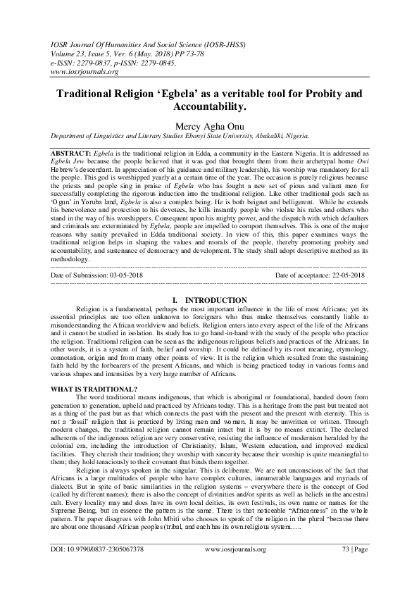 (PDF) Traditional Religion ‘ Egbela ’ as a veritable tool for Probity ...