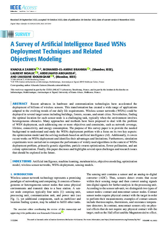 Pdf A Survey Of Artificial Intelligence Based Wsns Deployment Techniques And Related