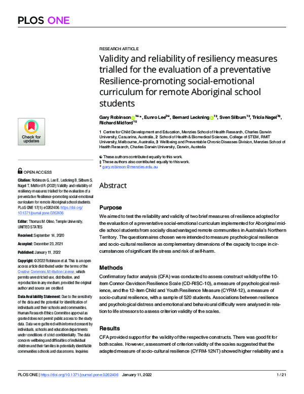 (PDF) Validity and reliability of resiliency measures trialled for the evaluation of a ...