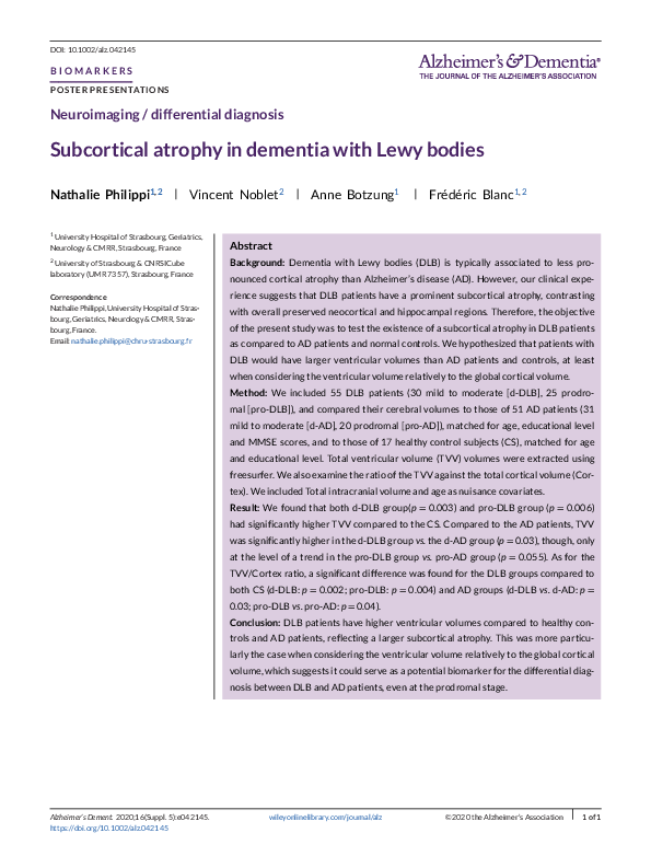 (PDF) Subcortical atrophy in dementia with Lewy bodies
