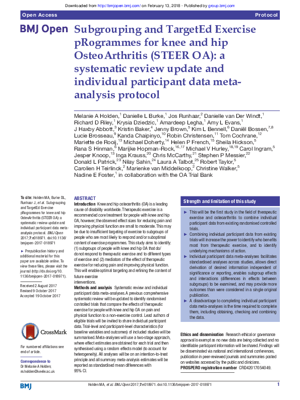 (PDF) Subgrouping and TargetEd Exercise pRogrammes for knee and hip OsteoArthritis (STEER OA): a ...
