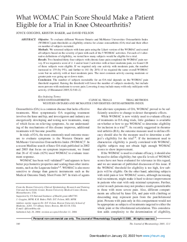 (PDF) What WOMAC pain score should make a patient eligible for a trial ...