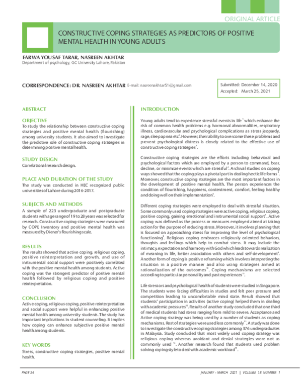 (PDF) Constructive Coping Strategies as Predictors of Positive Mental ...