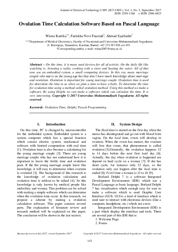 (PDF) Ovulation Time Calculation Software Based on Pascal Language