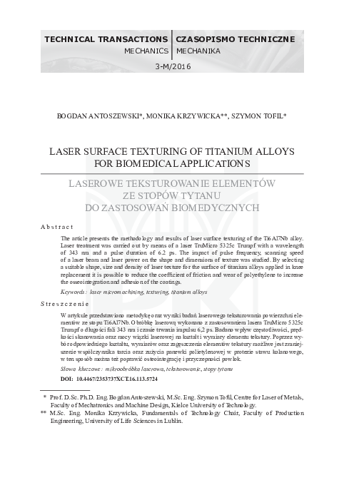 (PDF) Laser Texturing of Ti6Al7Nb Alloys for Biomedical Use