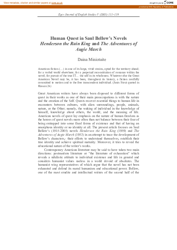 (PDF) Human quest in Saul Bellow's novels Henderson the Rain King and ...