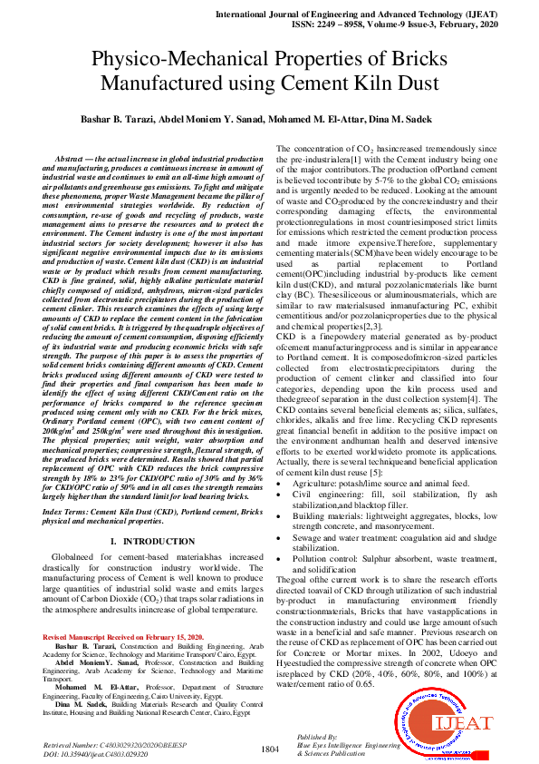 (PDF) Physico-Mechanical Properties of Bricks Manufactured using Cement Kiln Dust