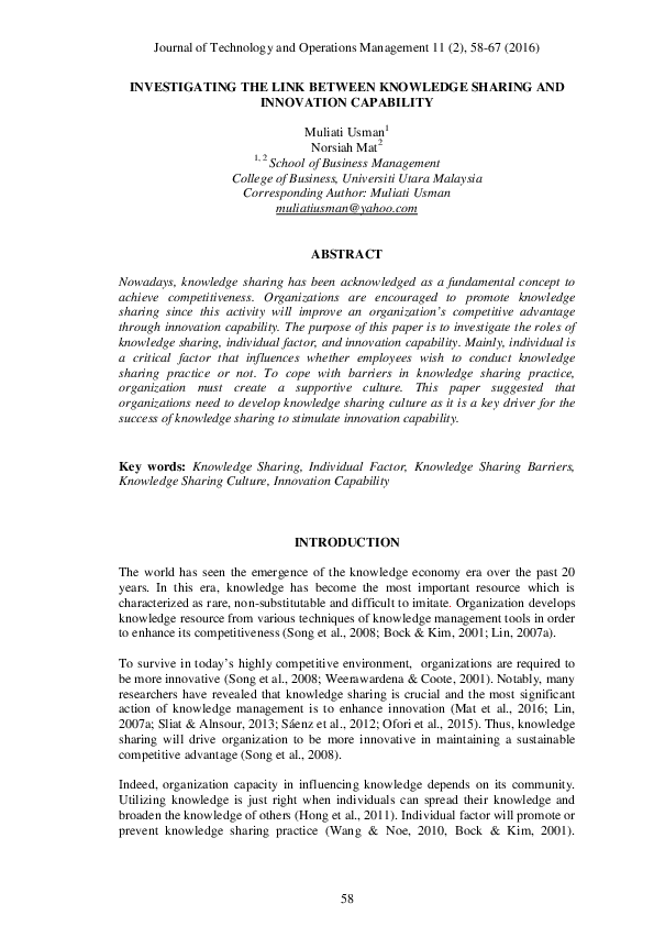 (PDF) Investigating the link between knowledge sharing and innovation capability