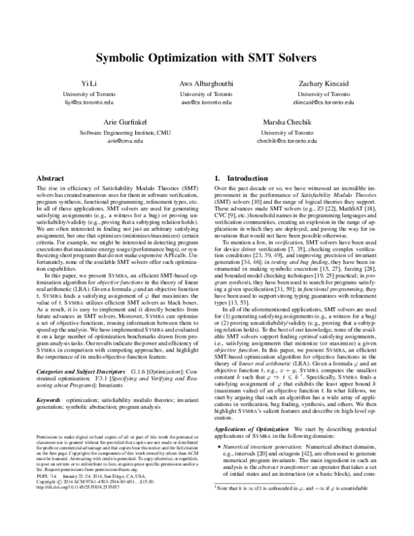 Pdf Symbolic Optimization With Smt Solvers