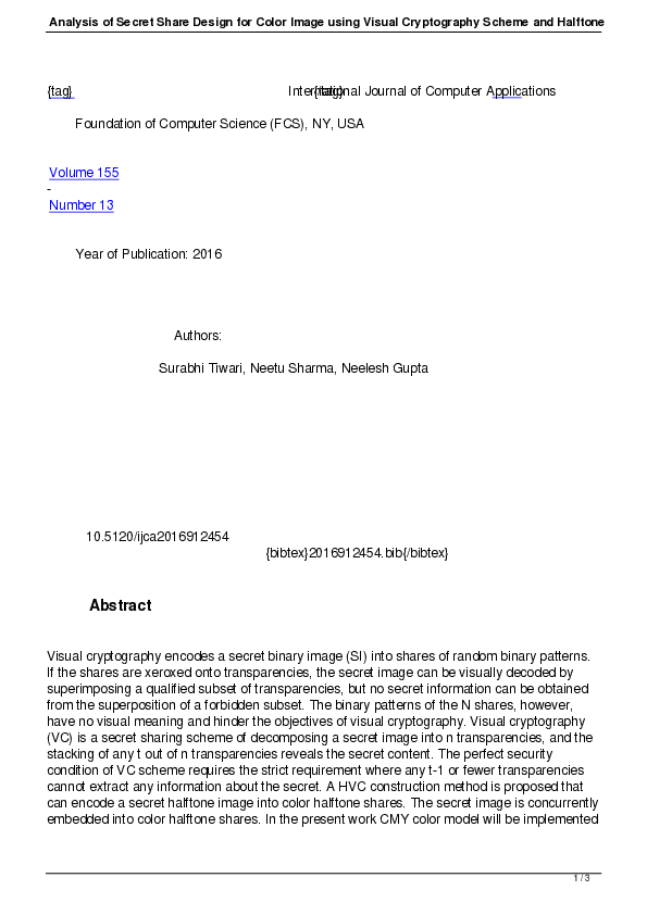 Pdf Analysis Of Secret Share Design For Color Image Using Visual Cryptography Scheme And
