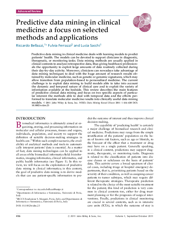 Pdf Predictive Data Mining In Clinical Medicine A Focus On Selected Methods And Applications