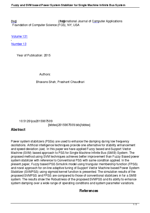 (PDF) Fuzzy and SVM based Power System Stabilizer for Single Machine Infinite Bus System