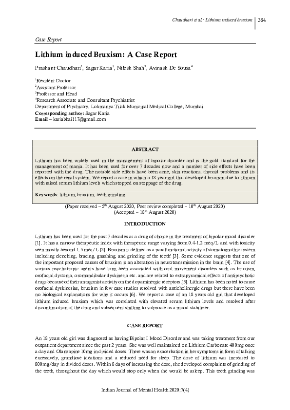 (PDF) Case Report_Lithium induced Bruxism: A Case Report