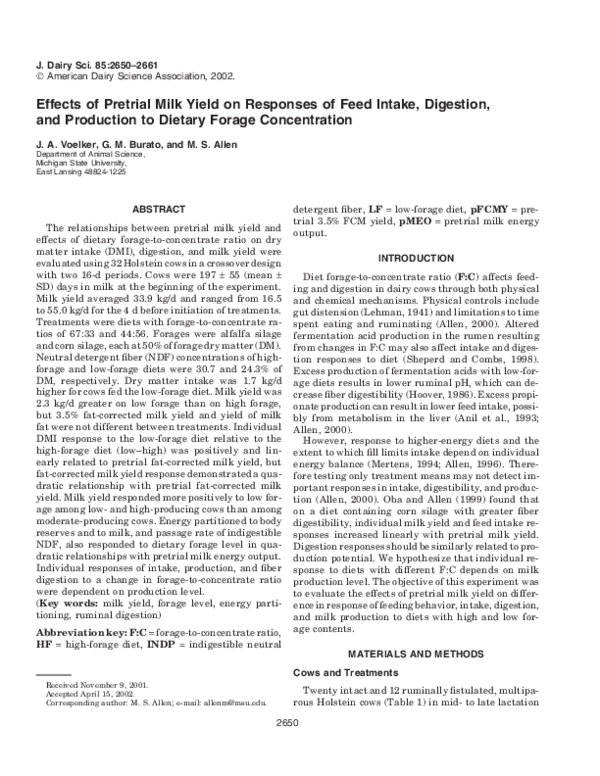 (PDF) Effects of Pretrial Milk Yield on Responses of Feed Intake, Digestion, and Production to ...