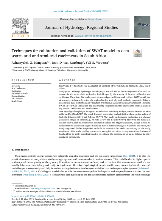 (PDF) Techniques for calibration and validation of SWAT model in data scarce arid and semi-arid ...