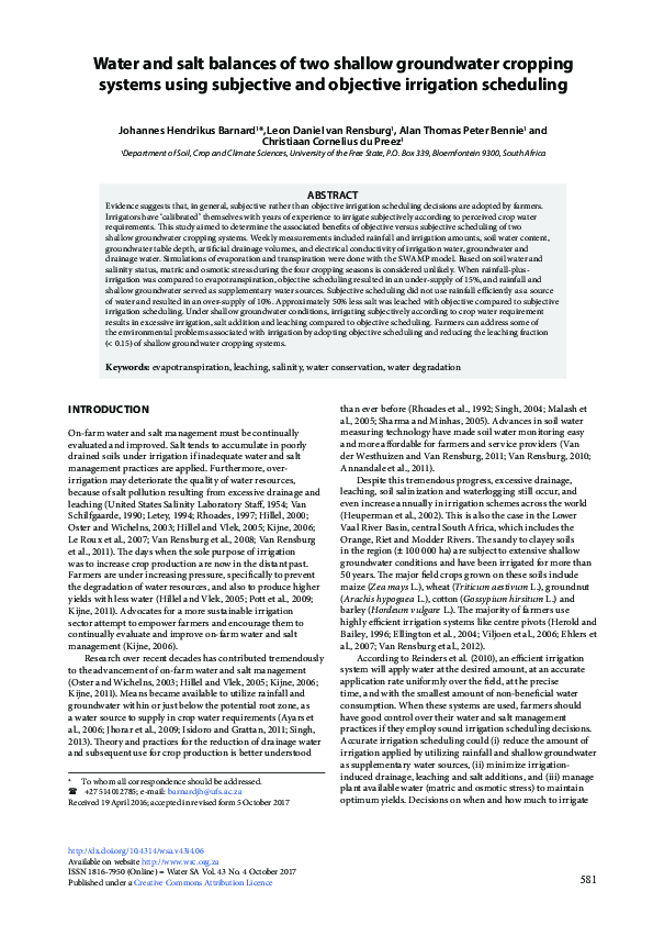 (PDF) Water and salt balances of two shallow groundwater cropping ...