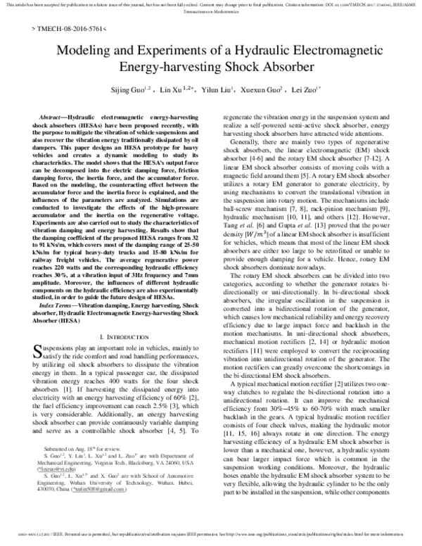 (PDF) Modeling and Experiments of a Hydraulic Electromagnetic Energy-Harvesting Shock Absorber