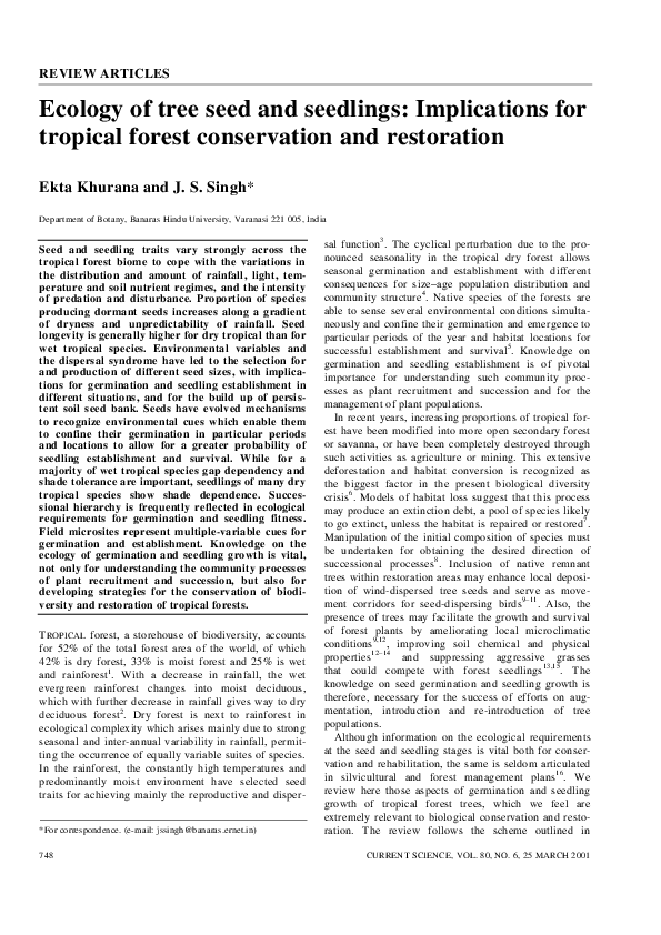 (PDF) Ecology of tree seed and seedlings: Implications for tropical ...