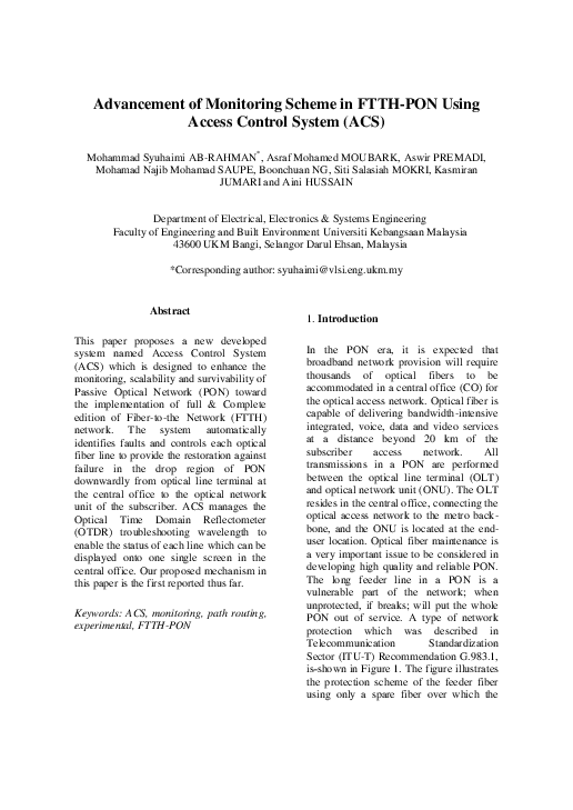 (PDF) Advancement of Monitoring Scheme in FTTH-PON Using Access Control System (ACS)