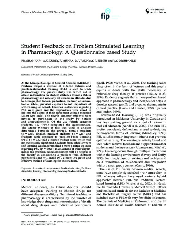 (PDF) Student Feedback on Problem Stimulated Learning in Pharmacology ...