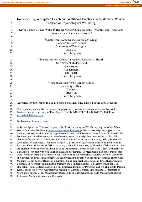 (PDF) Implementing practices focused on workplace health and psychological wellbeing: A ...