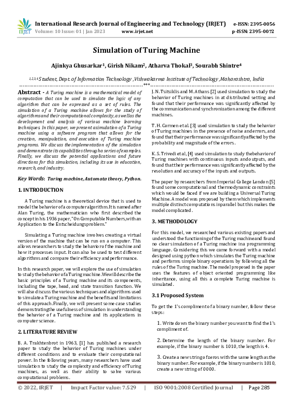 (PDF) Simulation of Turing Machine