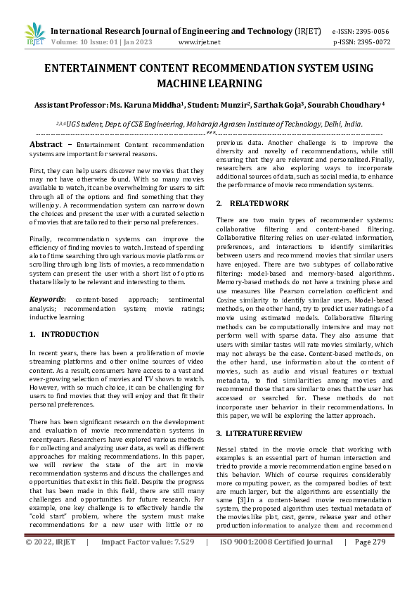 (PDF) ENTERTAINMENT CONTENT RECOMMENDATION SYSTEM USING MACHINE LEARNING