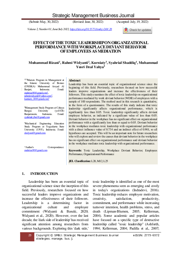 (PDF) Effect of the Toxic Leadership on Organizational Performance with ...