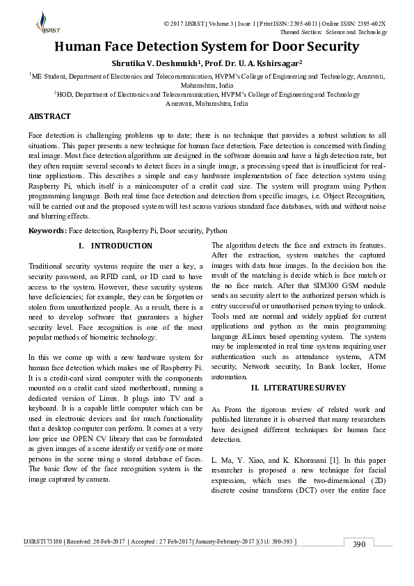 Pdf Ijsrst173180 Human Face Detection System For Door Security