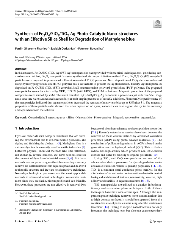 Pdf Synthesis Of Fe3o4 Sio2 Tio2 Ag Photo Catalytic Nano Structures With An Effective Silica