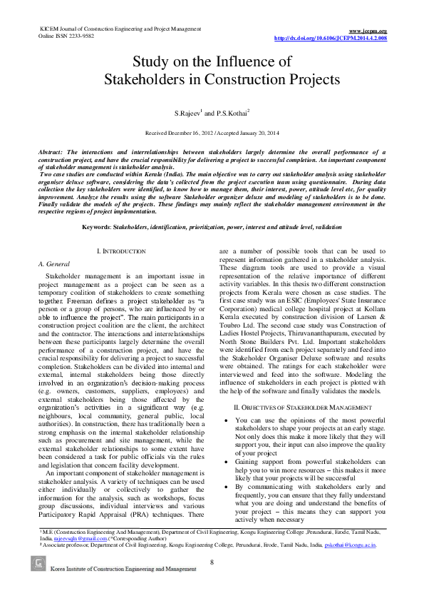 (PDF) Study on the Influence of Stakeholders in Construction Projects