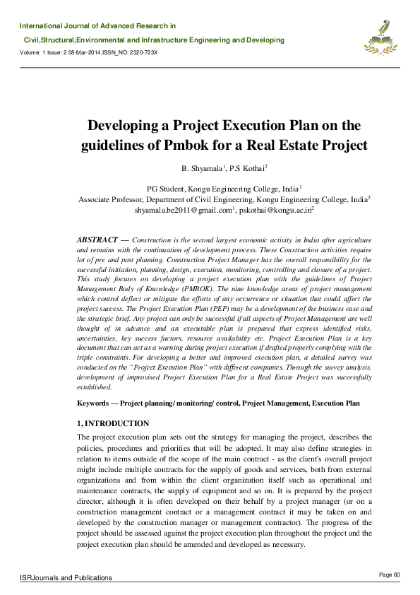 (PDF) Developing a Project Execution Plan on the guidelines of Pmbok ...