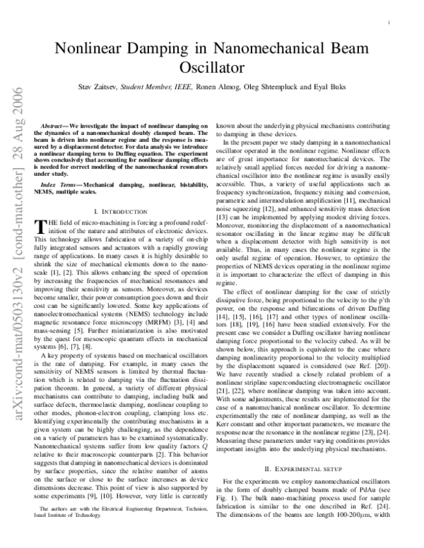 (PDF) Nonlinear damping in nanomechanical beam oscillator